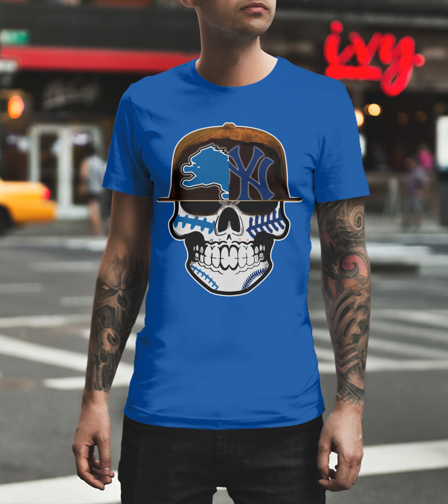 Detroit Lions Yankees Skull Blue Baseball Hat 74 T-Shirt