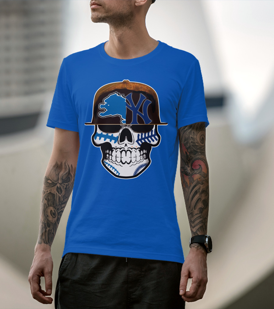 Detroit Lions Yankees Skull Blue Baseball Hat 74 T-Shirt