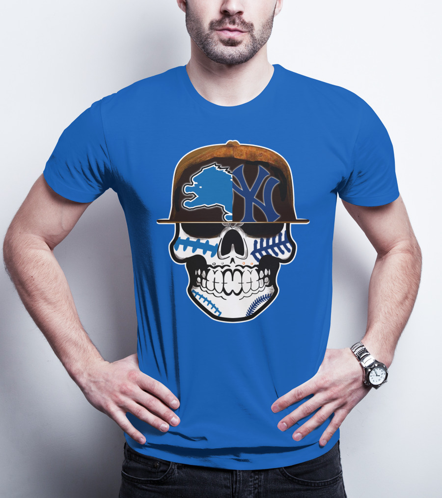 Detroit Lions Yankees Skull Blue Baseball Hat 74 T-Shirt