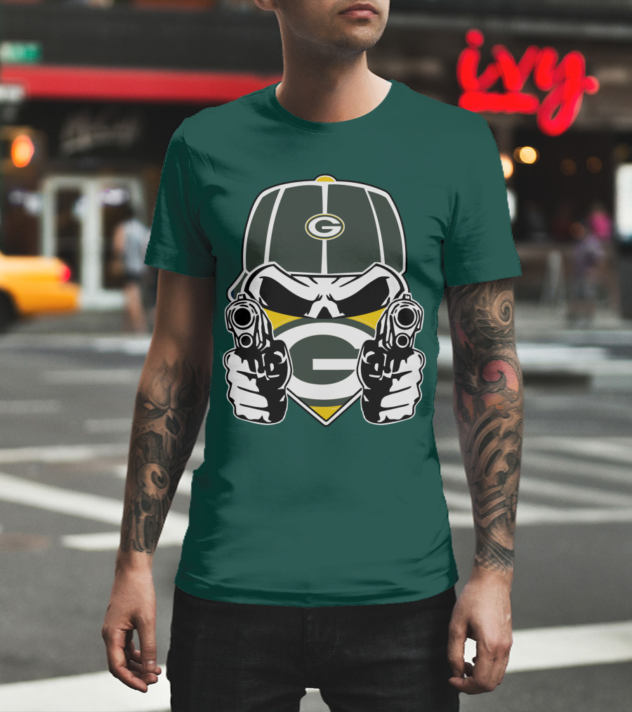 Green Bay Packers G Logo Helmet With Crossed Guns Face Mask T-Shirt