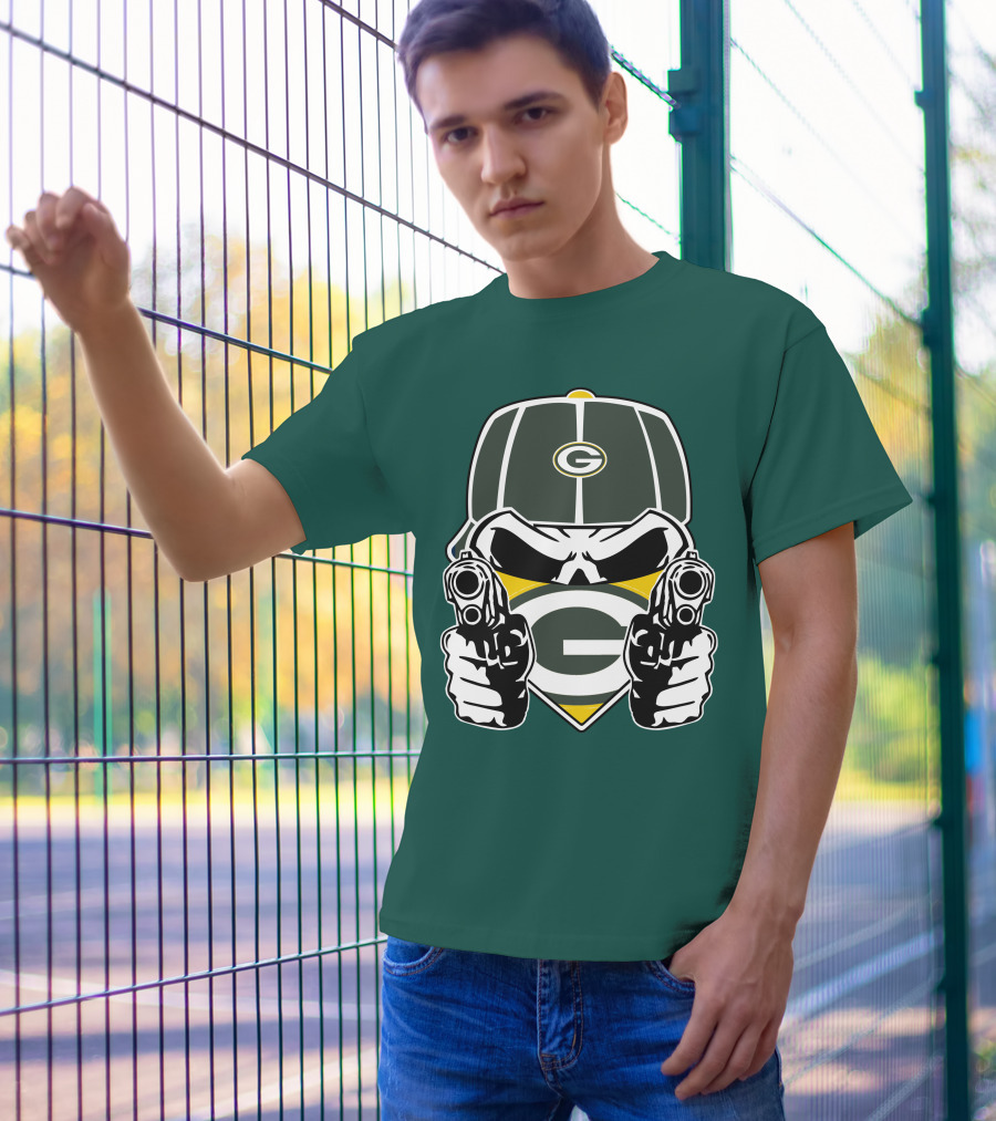 Green Bay Packers G Logo Helmet With Crossed Guns Face Mask T-Shirt