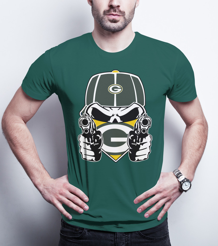 Green Bay Packers G Logo Helmet With Crossed Guns Face Mask T-Shirt