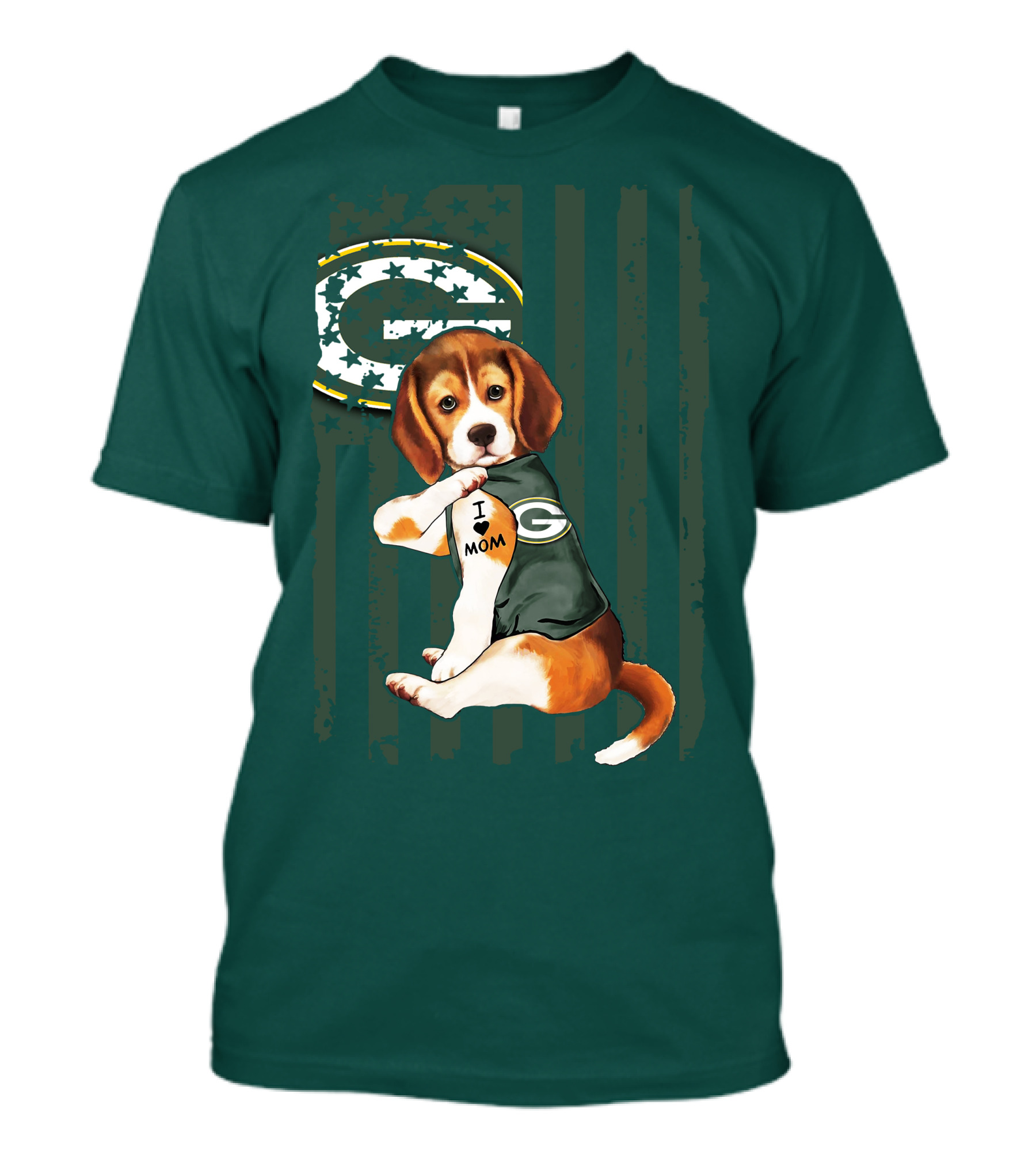 Beagle Wearing Green Bay Packers Jersey With I Love Mom Tattoo T-Shirt