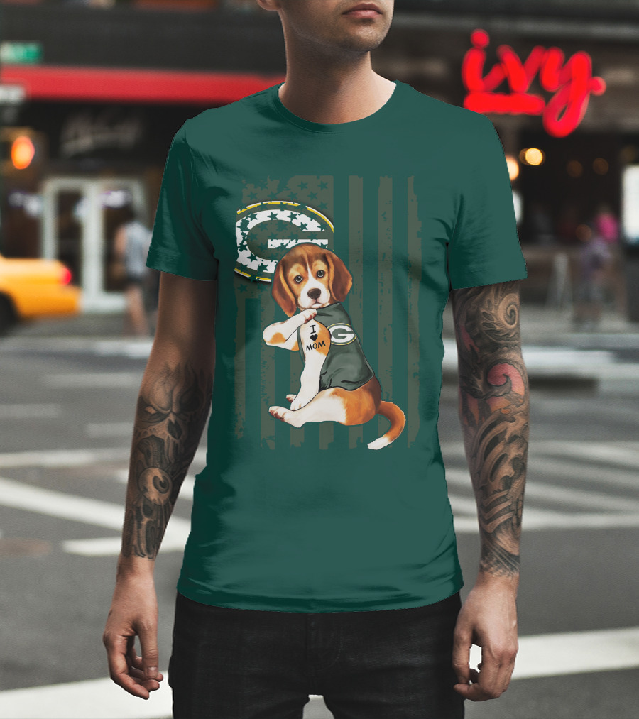 Beagle Wearing Green Bay Packers Jersey With I Love Mom Tattoo T-Shirt