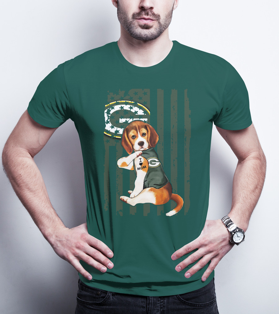 Beagle Wearing Green Bay Packers Jersey With I Love Mom Tattoo T-Shirt