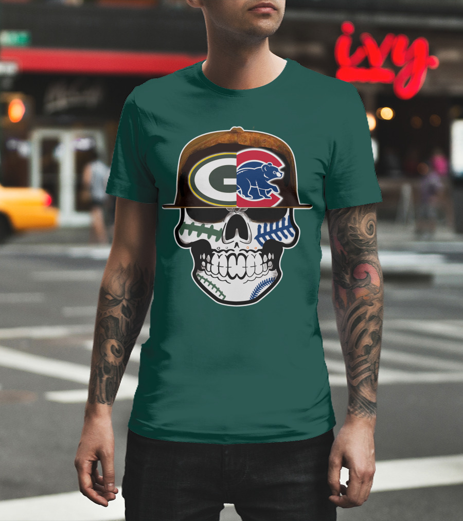 Green Bay Packers Chicago Cubs Skull Hat T-Shirt