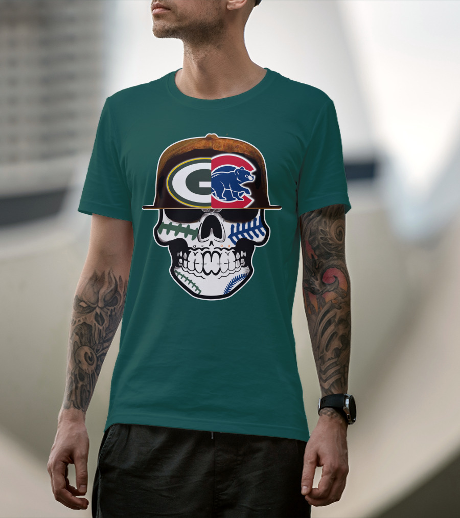 Green Bay Packers Chicago Cubs Skull Hat T-Shirt