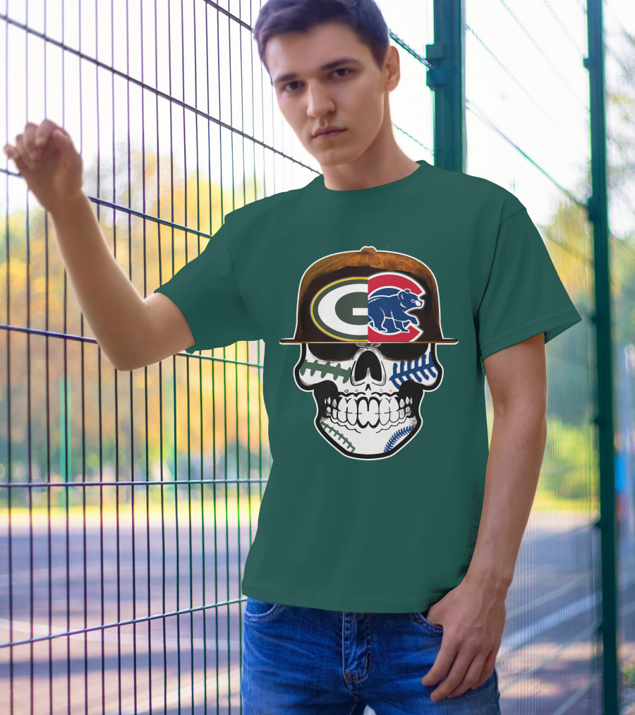 Green Bay Packers Chicago Cubs Skull Hat T-Shirt