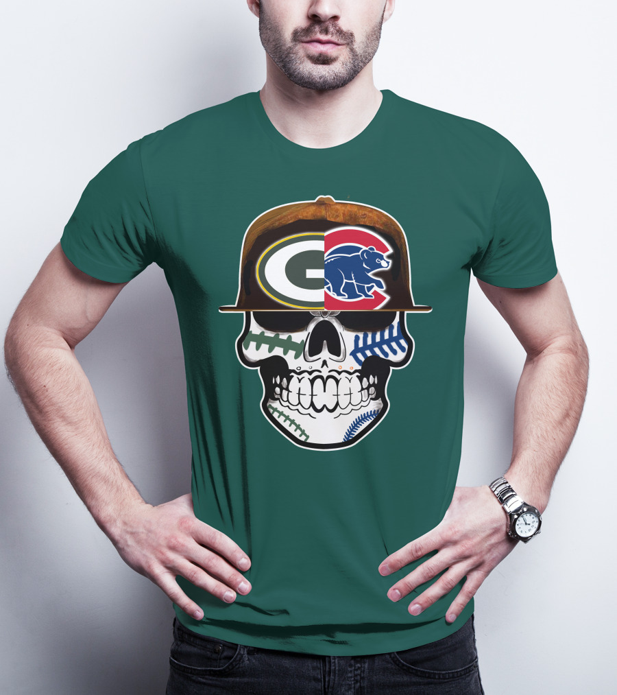 Green Bay Packers Chicago Cubs Skull Hat T-Shirt
