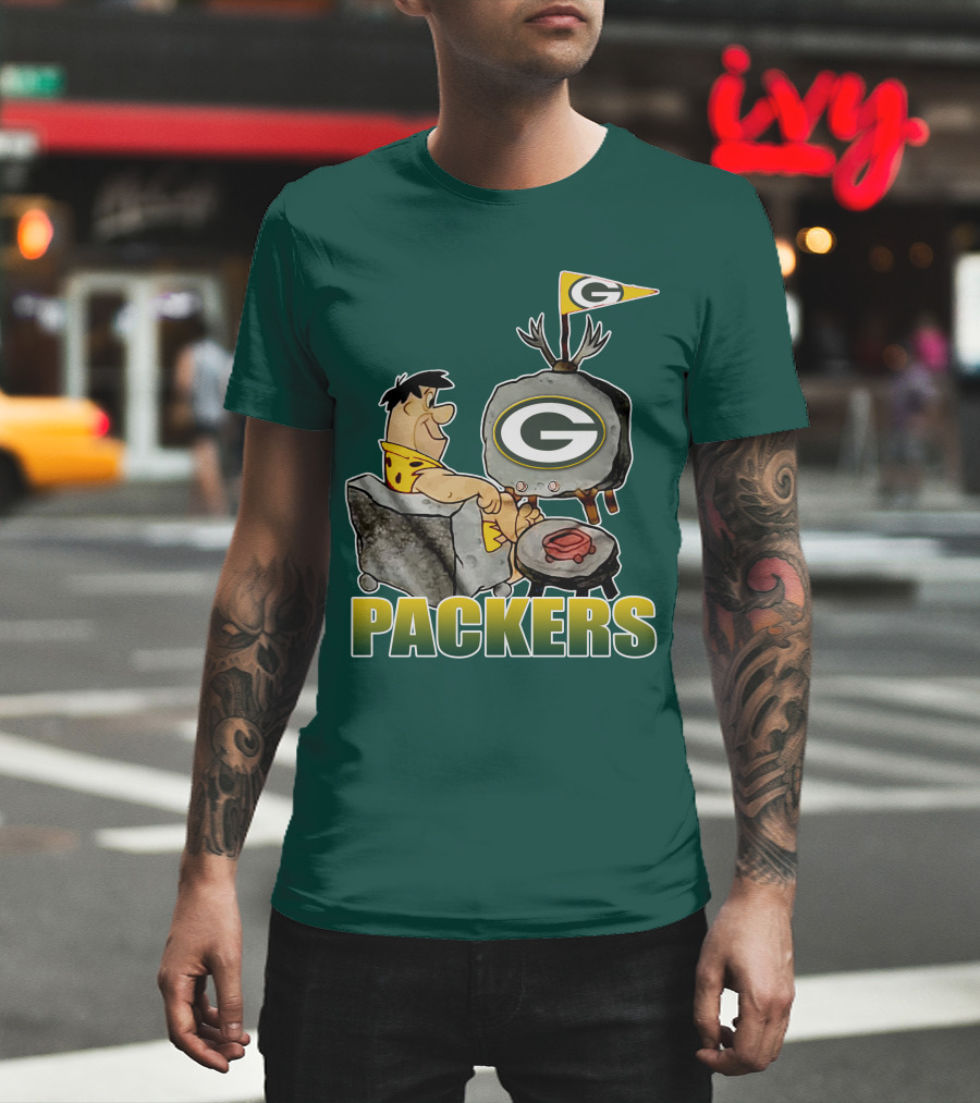 Packers Fred Flintstone Watching Tv With Green Bay T-Shirt