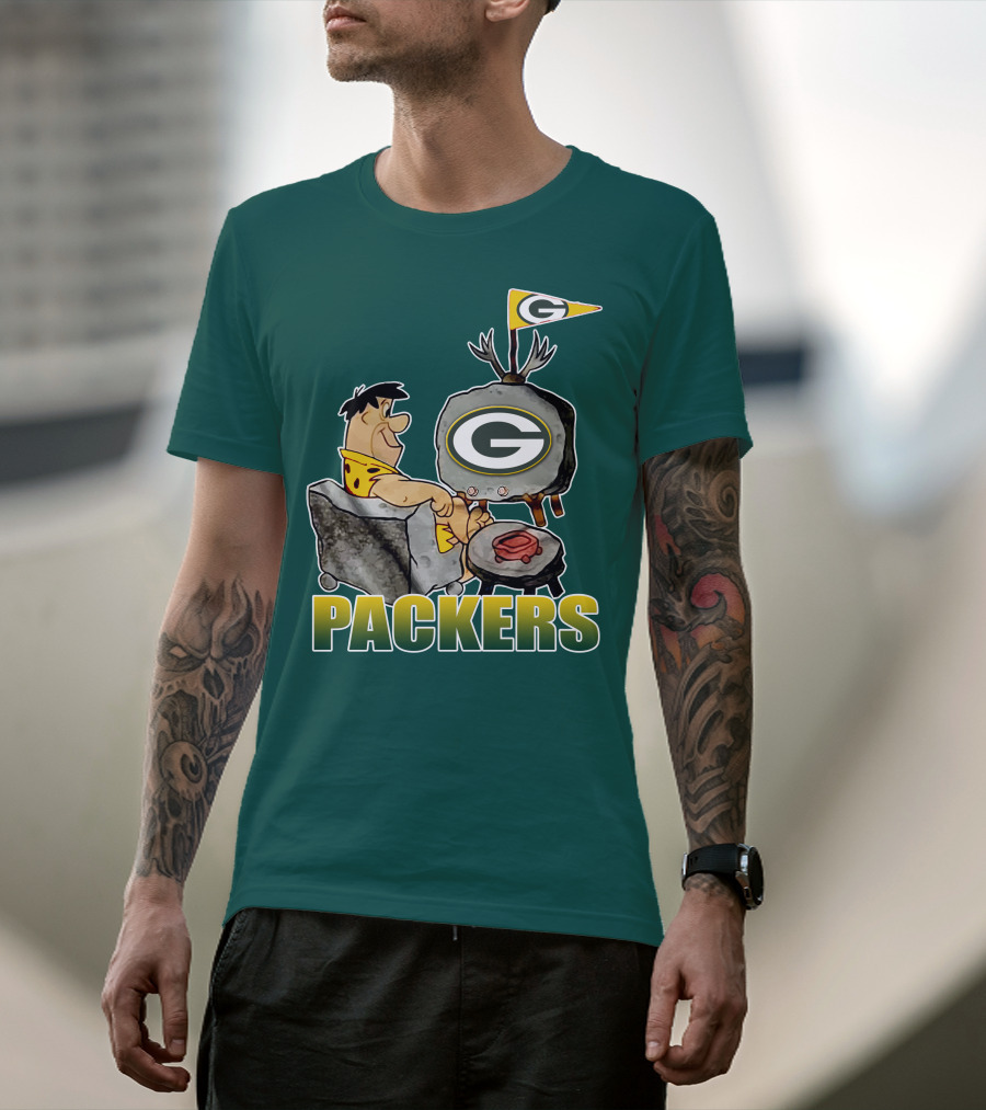 Packers Fred Flintstone Watching Tv With Green Bay T-Shirt