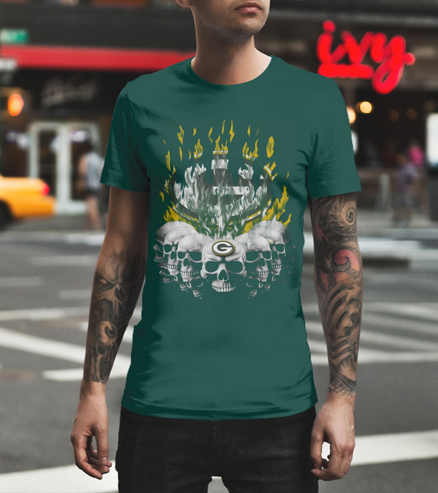 Green Bay Packers Flaming Skull T-Shirt