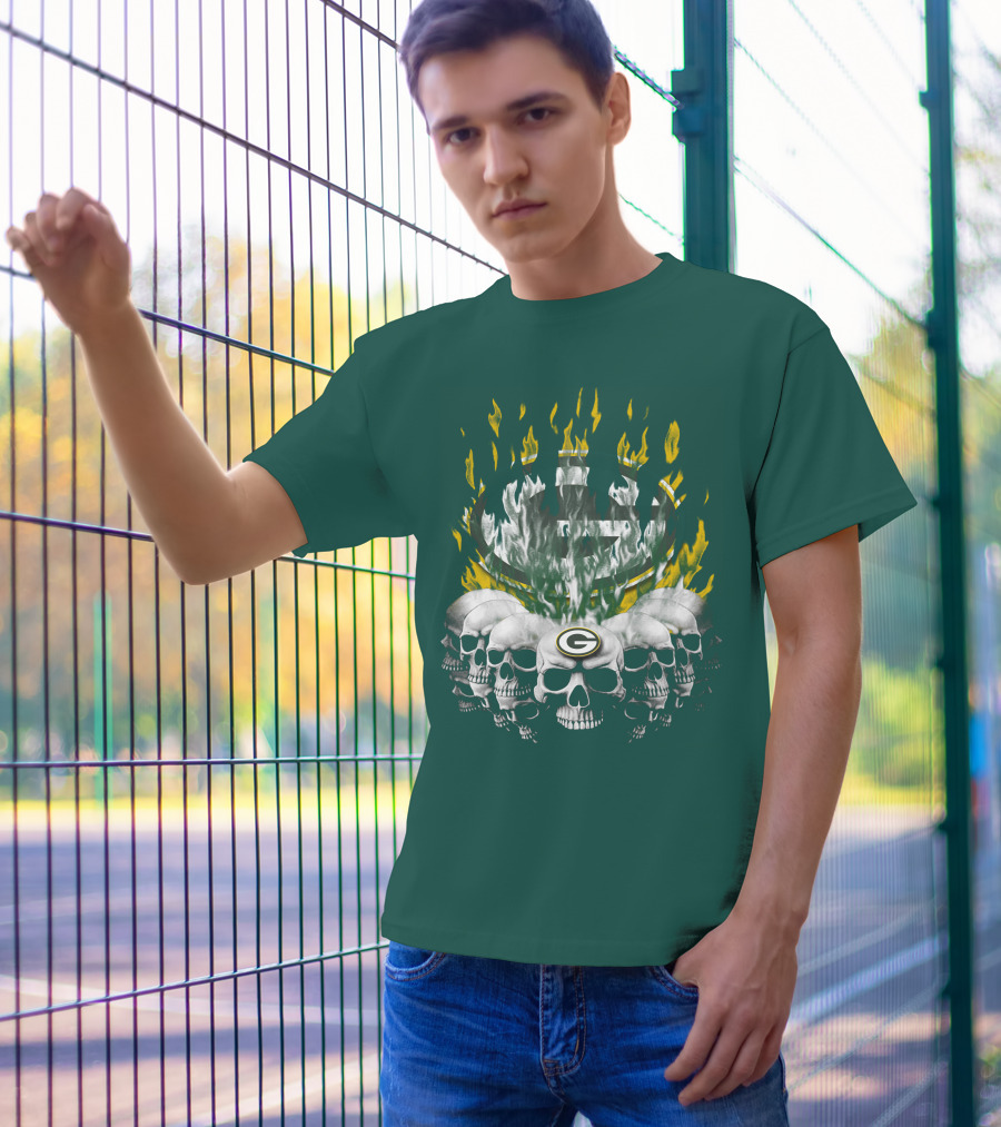 Green Bay Packers Flaming Skull T-Shirt