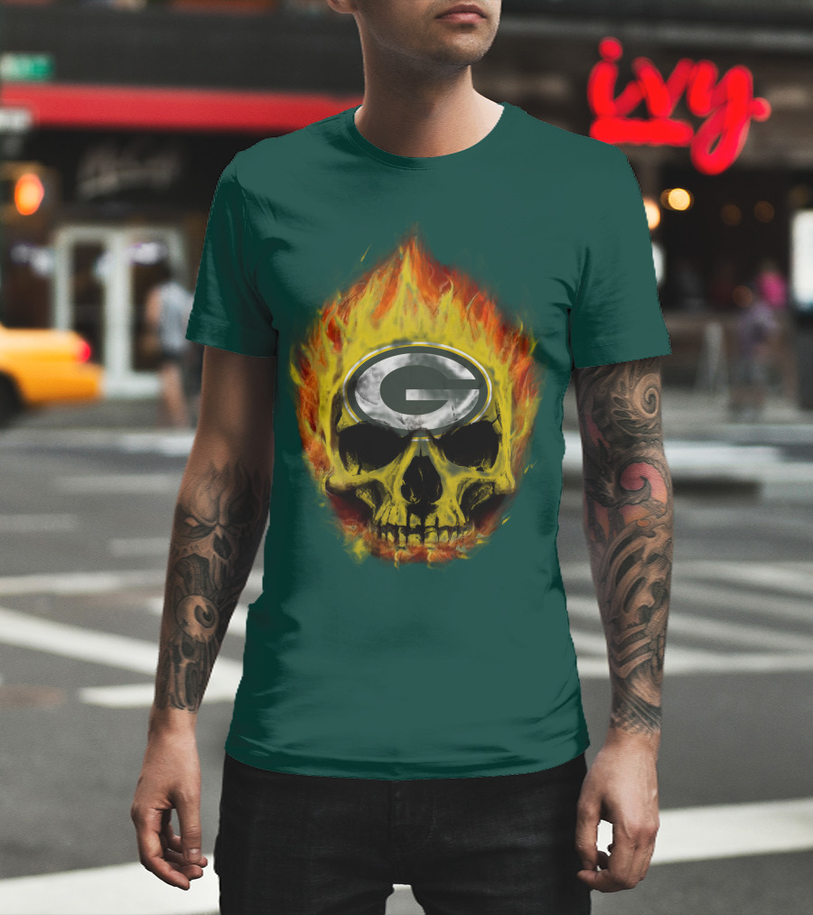 Green Bay Packers Skull Flames T-Shirt