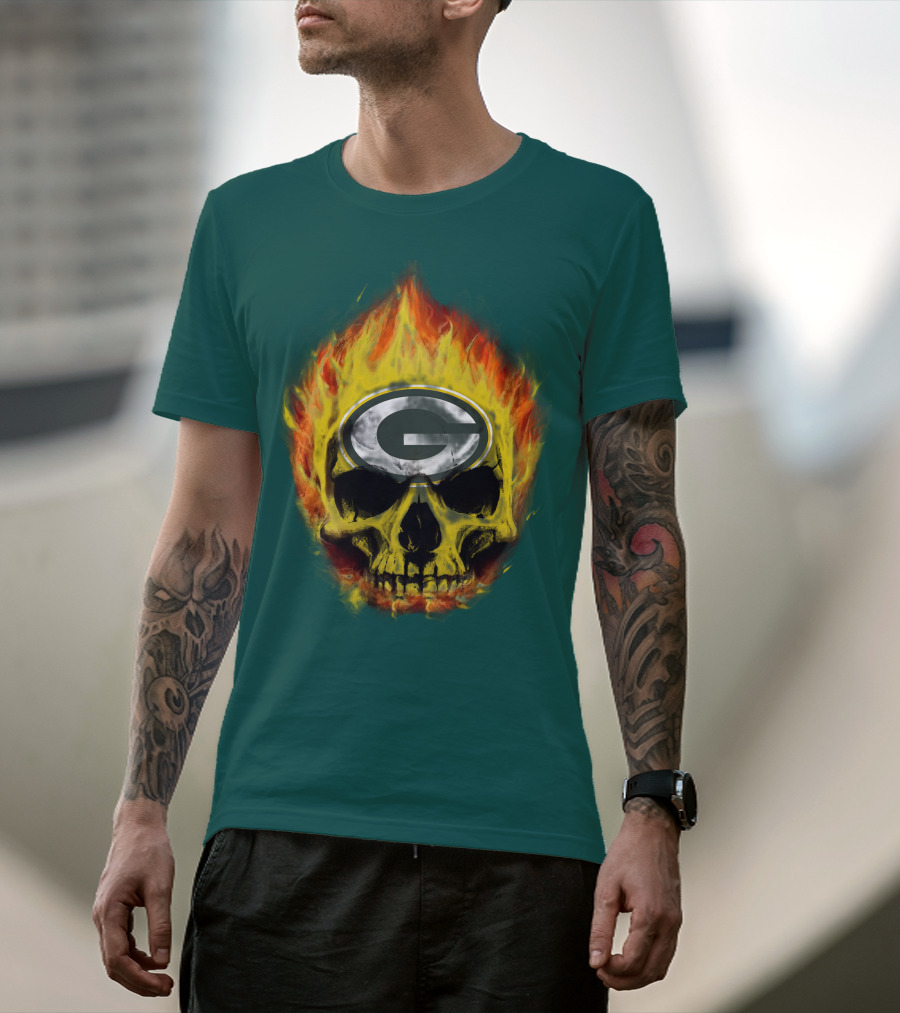 Green Bay Packers Skull Flames T-Shirt