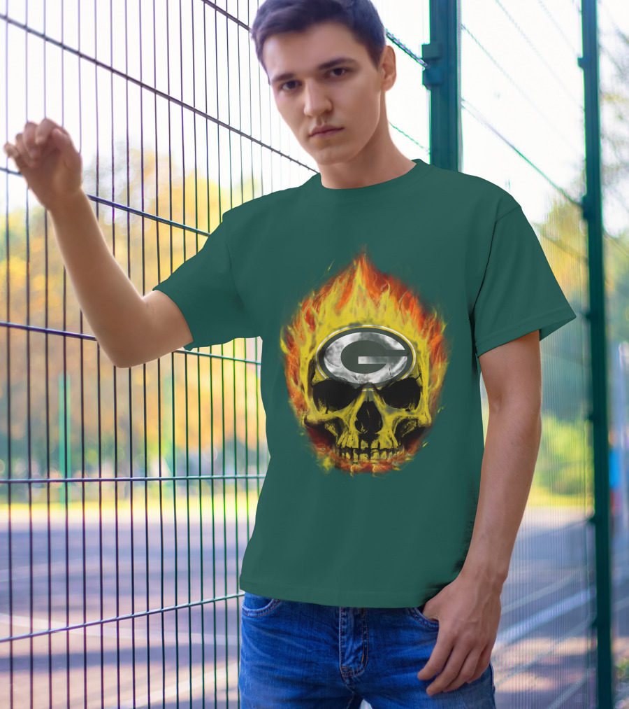 Green Bay Packers Skull Flames T-Shirt
