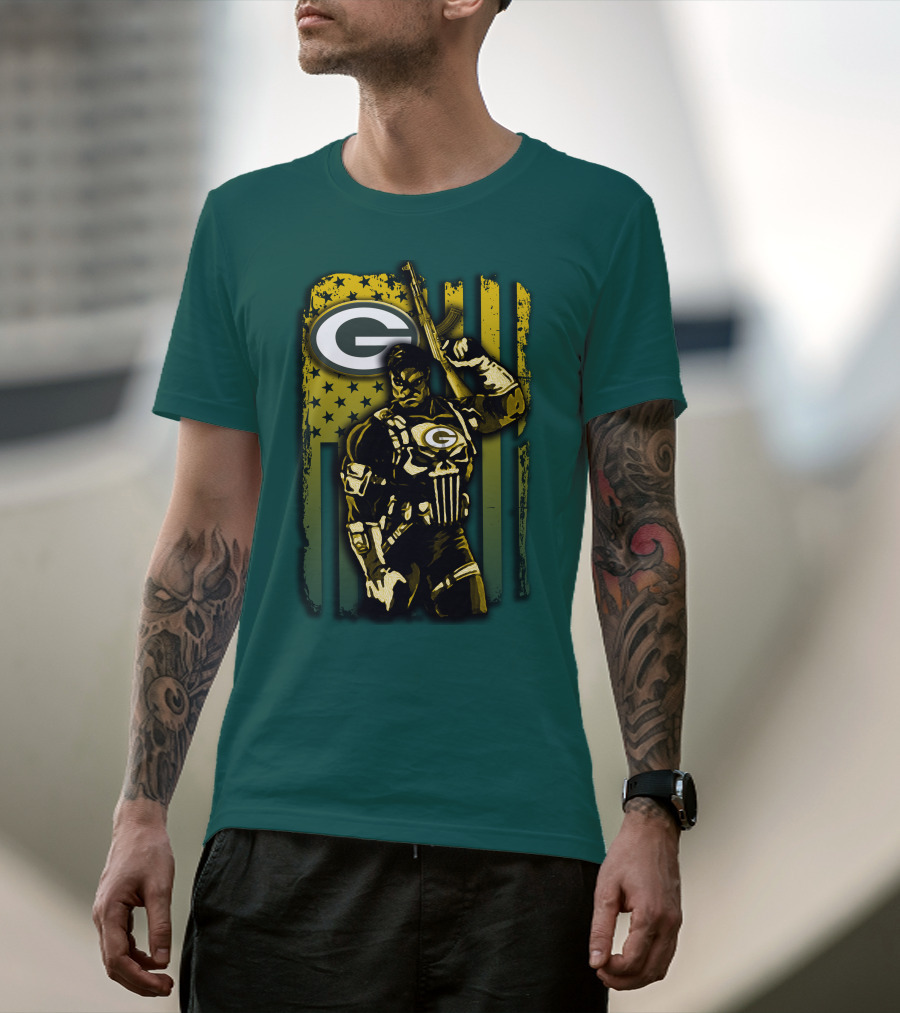 Green Bay Packers Soldier With Rifle And American Flag T-Shirt