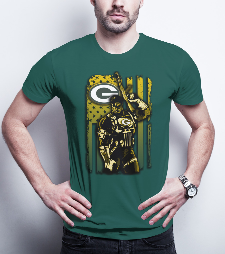 Green Bay Packers Soldier With Rifle And American Flag T-Shirt