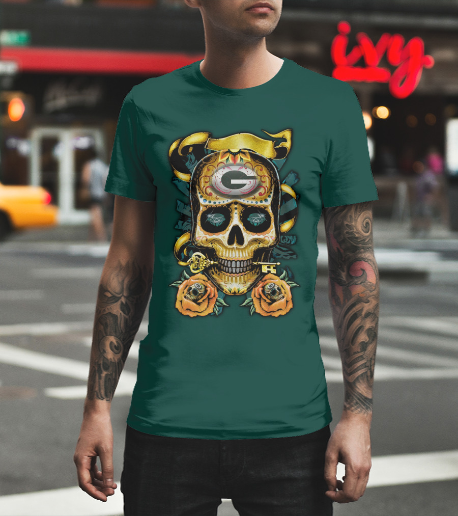 Green Bay Packers Sugar Skull Gothic Design With Floral And Key Elements T-Shirt