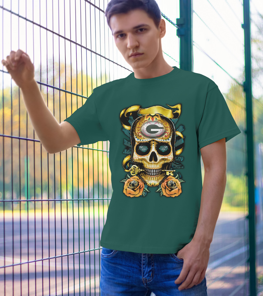 Green Bay Packers Sugar Skull Gothic Design With Floral And Key Elements T-Shirt