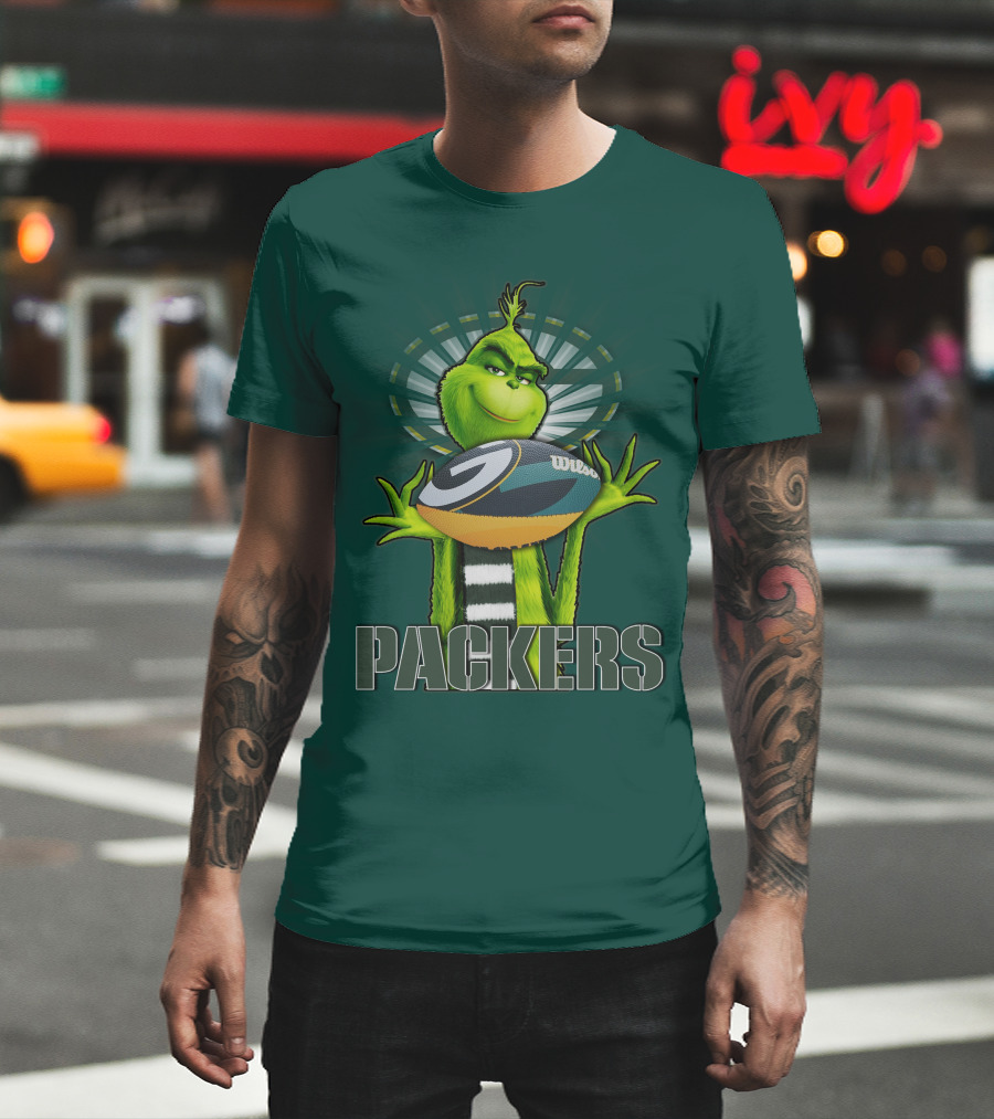 Grinch Holding Green Bay Packers Wilson Football T-Shirt