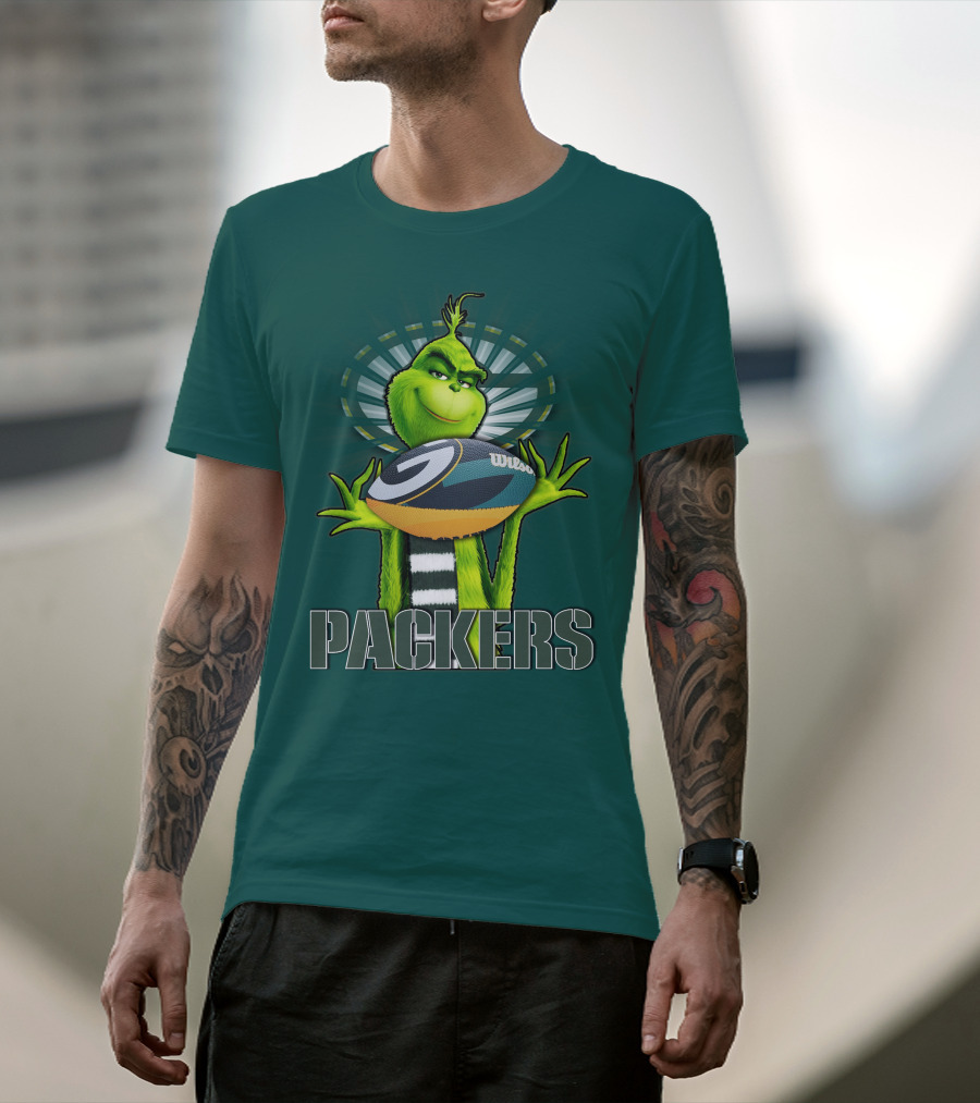 Grinch Holding Green Bay Packers Wilson Football T-Shirt