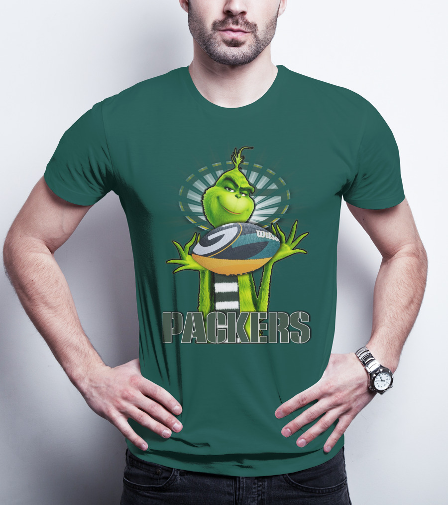 Grinch Holding Green Bay Packers Wilson Football T-Shirt