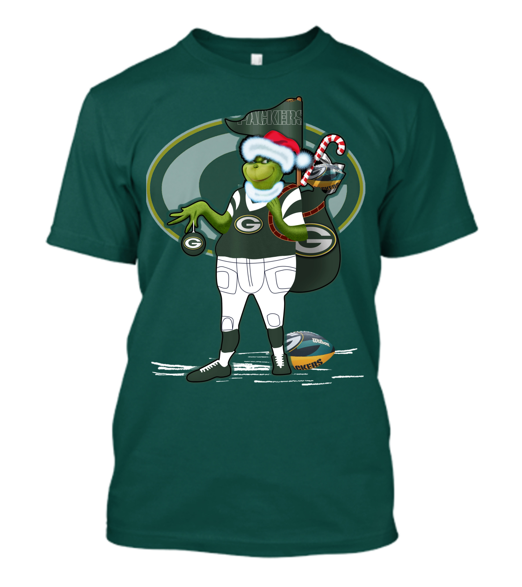 Grinch Green Bay Packers Christmas Santa Hat Football Candy Cane T-Shirt