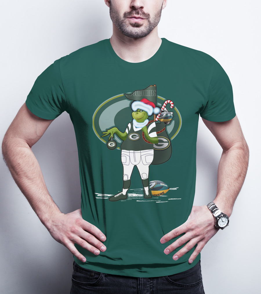 Grinch Green Bay Packers Christmas Santa Hat Football Candy Cane T-Shirt