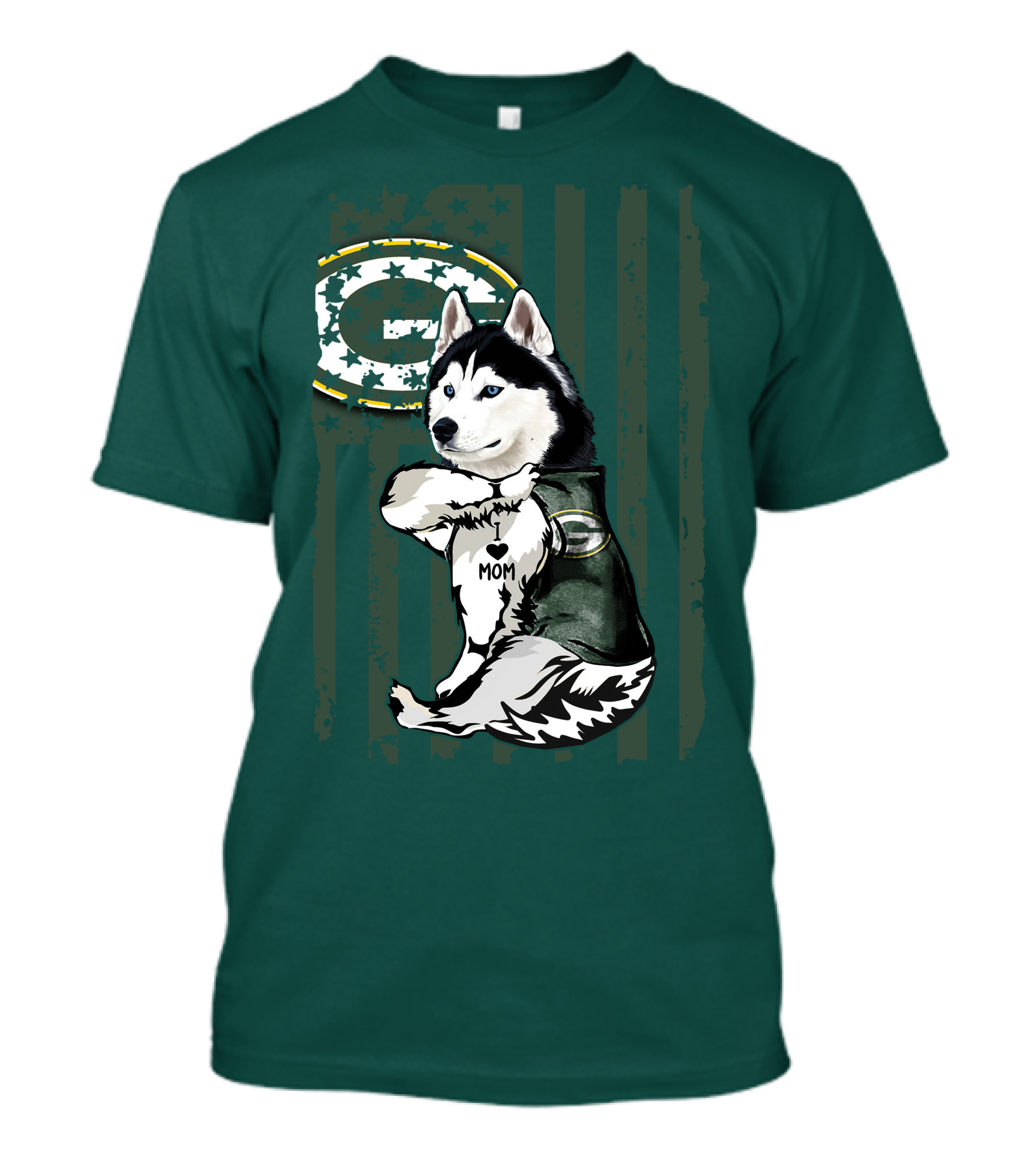Siberian Husky Green Bay Packers Mom Fan With Heart Tattoo And Team T-Shirt