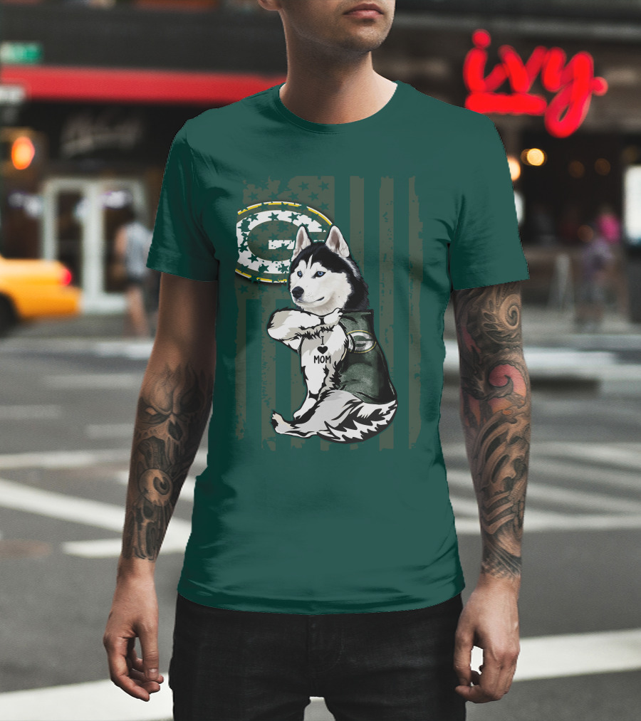 Siberian Husky Green Bay Packers Mom Fan With Heart Tattoo And Team T-Shirt