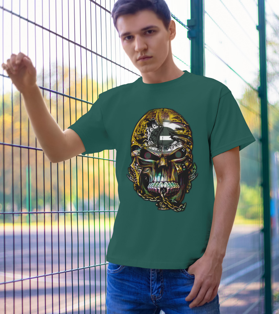 Green Bay Packers 82 Skull Art With Chain Motif T-Shirt