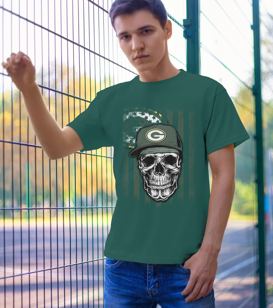 Skull Wearing Green Bay Packers Cap On Flag Background T-Shirt