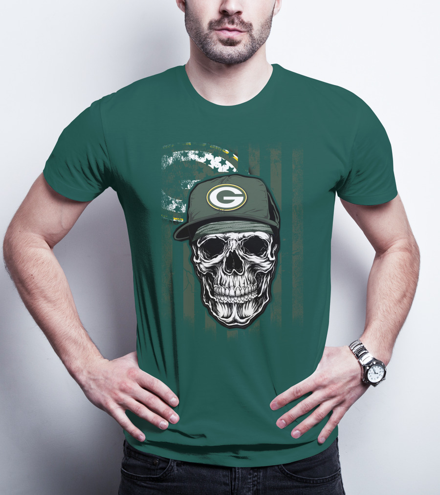 Skull Wearing Green Bay Packers Cap On Flag Background T-Shirt