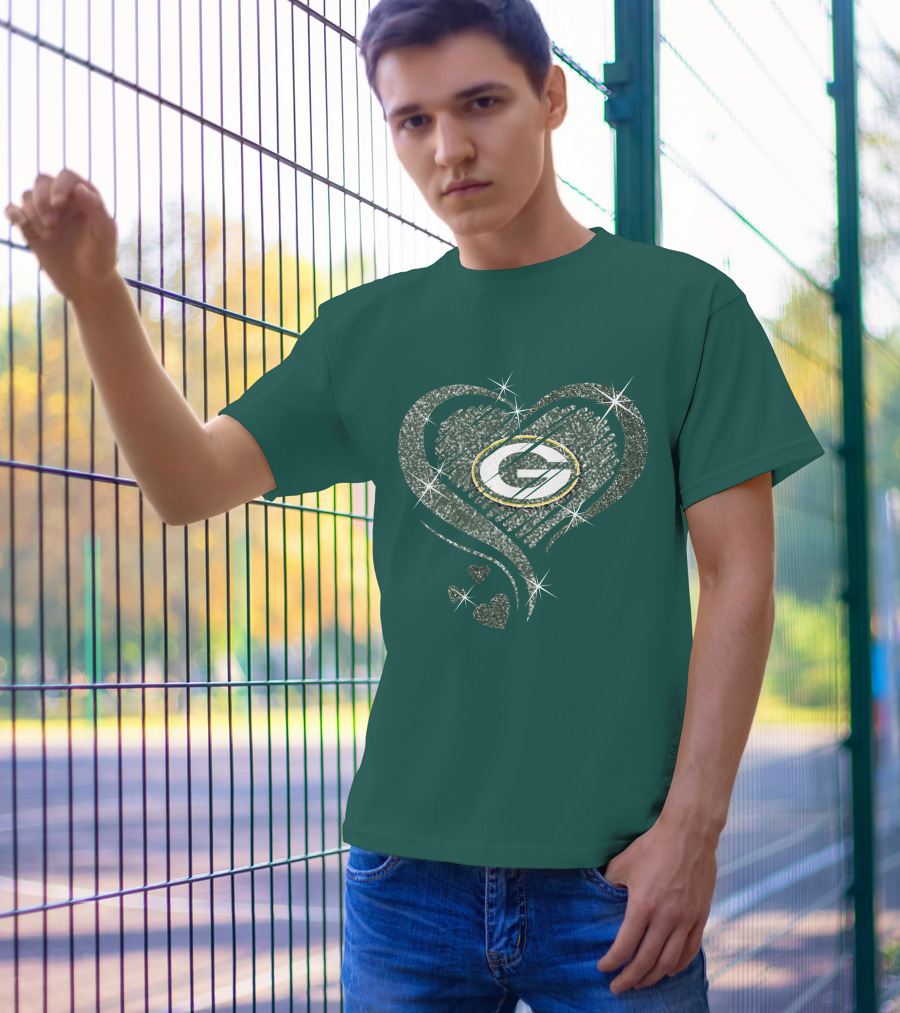 Green Bay Packers Heart Diamond Sparkle T-Shirt