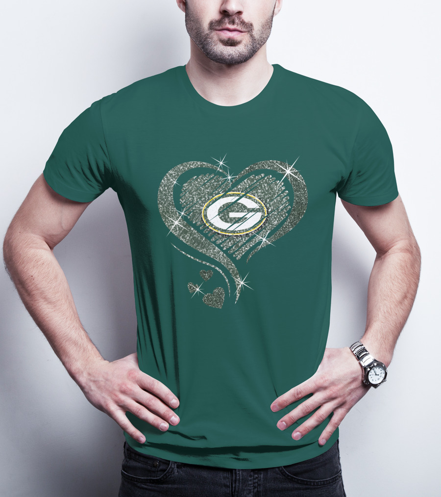 Green Bay Packers Heart Diamond Sparkle T-Shirt
