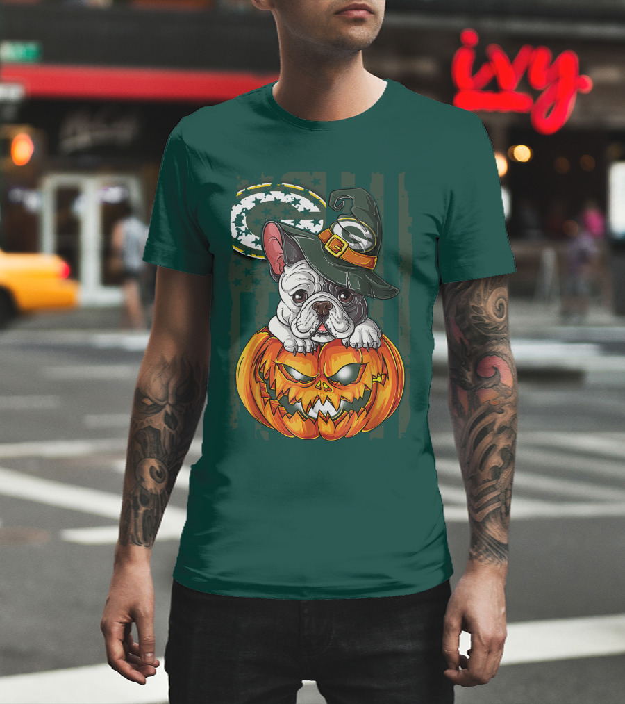 Hlw Bulldog Halloween Witch Green Bay Packers Pumpkin T-Shirt
