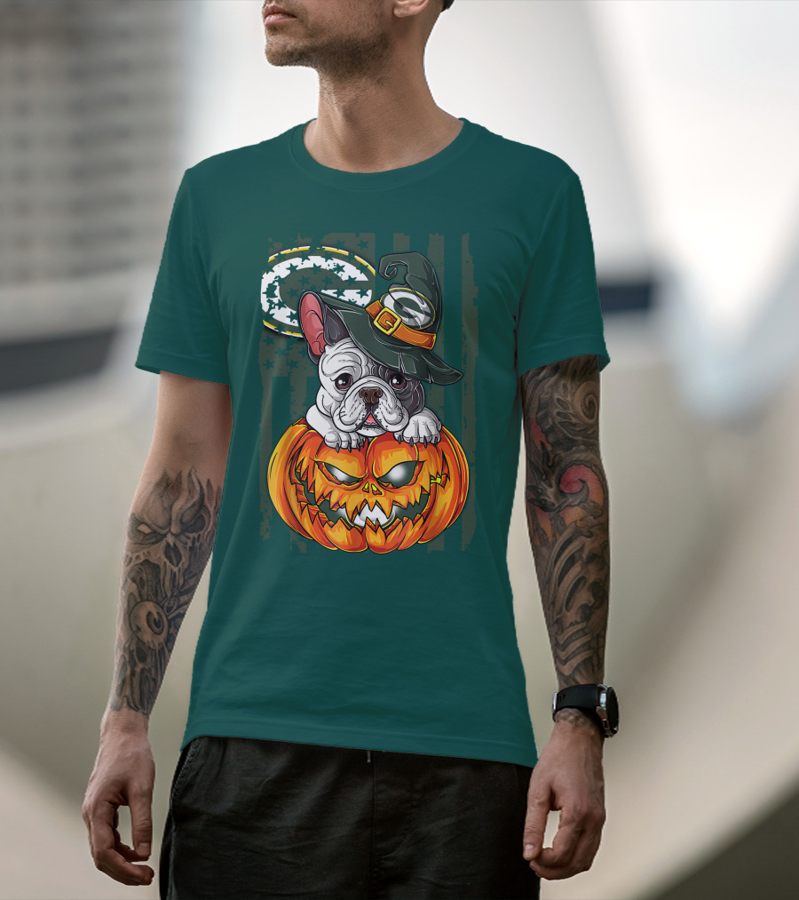 Hlw Bulldog Halloween Witch Green Bay Packers Pumpkin T-Shirt