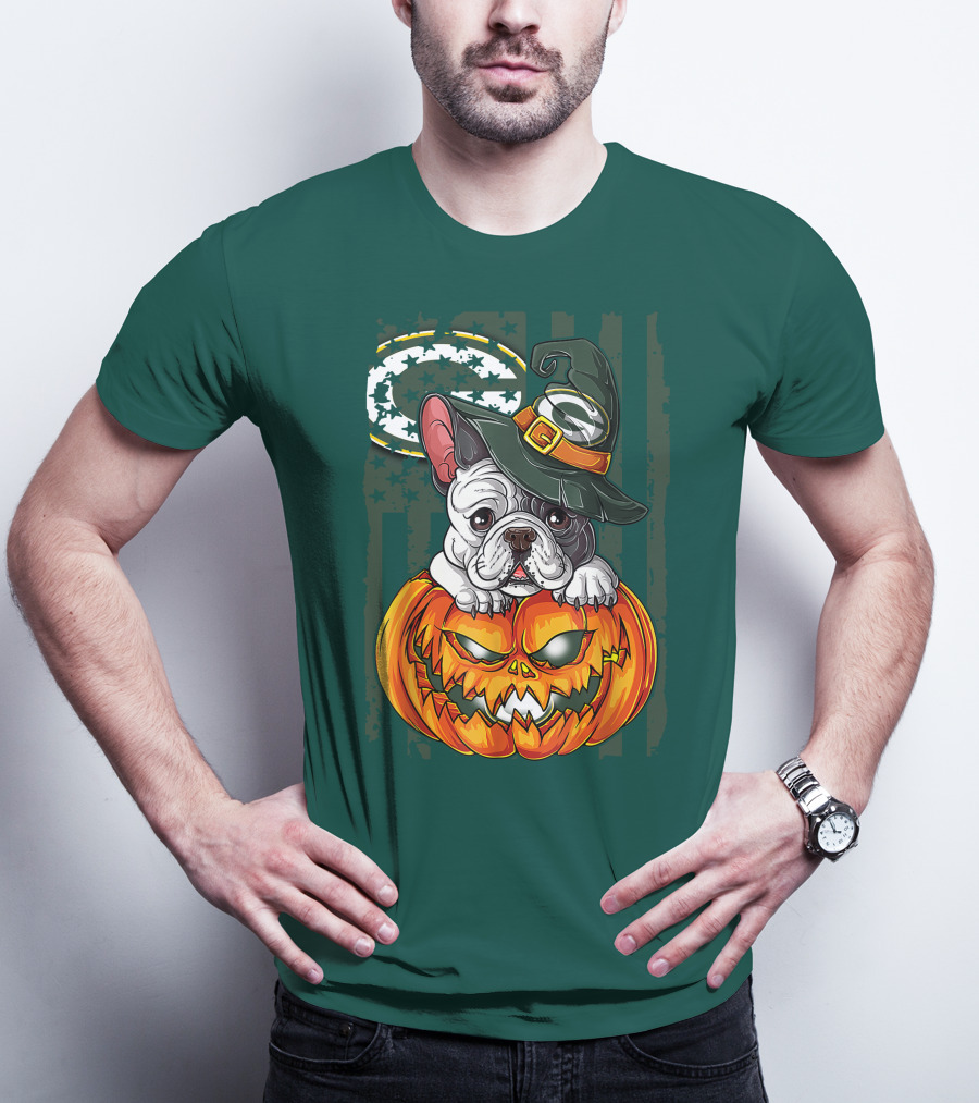 Hlw Bulldog Halloween Witch Green Bay Packers Pumpkin T-Shirt