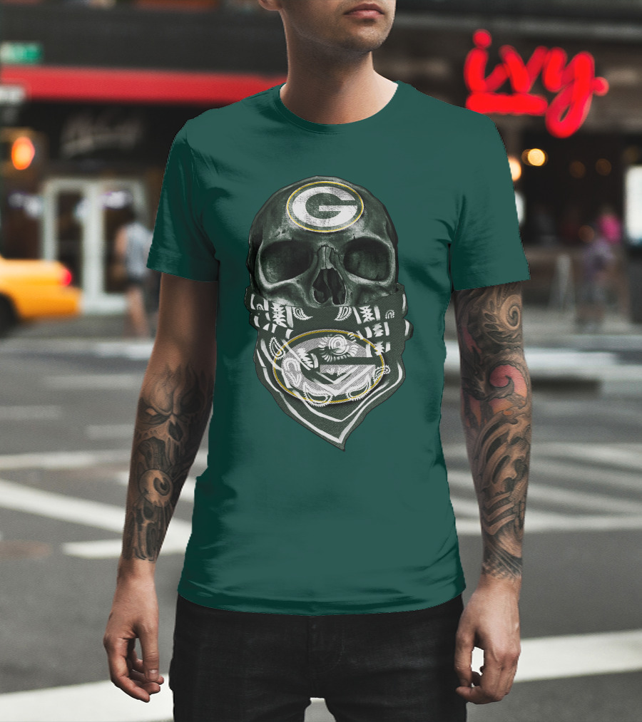 Skull Wearing Green Bay Packers Bandana T-Shirt
