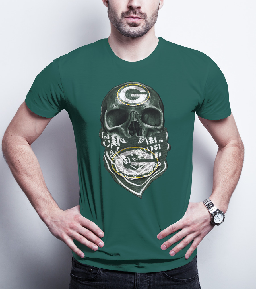 Skull Wearing Green Bay Packers Bandana T-Shirt