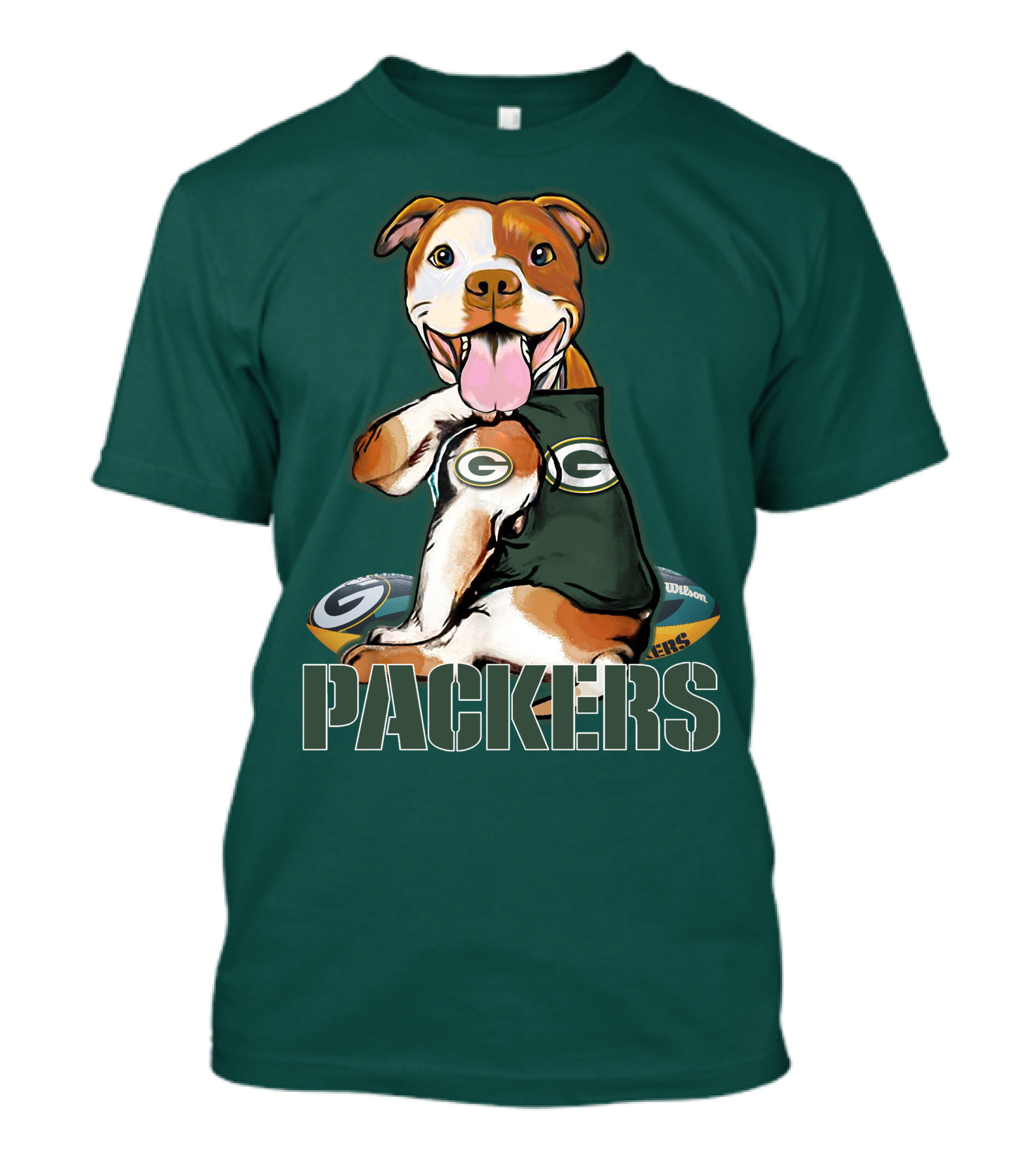 Pitbull Dog In Green Bay Packers Jersey With Football T-Shirt