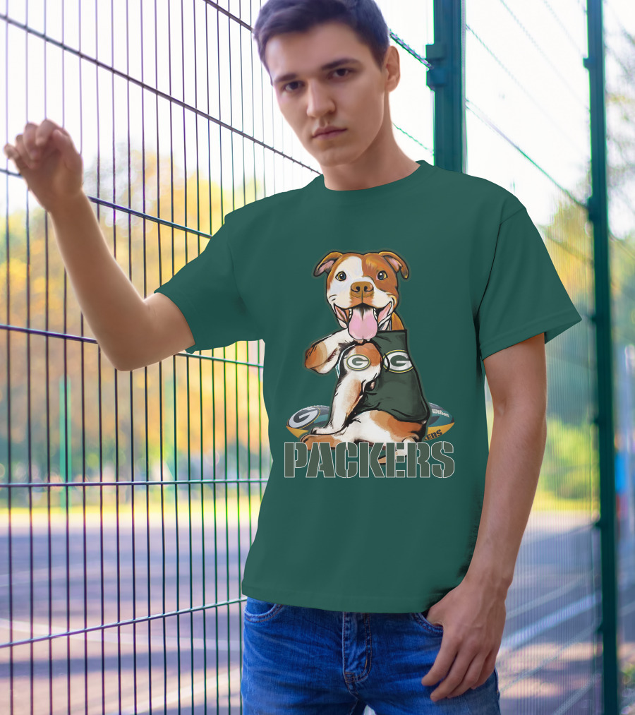 Pitbull Dog In Green Bay Packers Jersey With Football T-Shirt