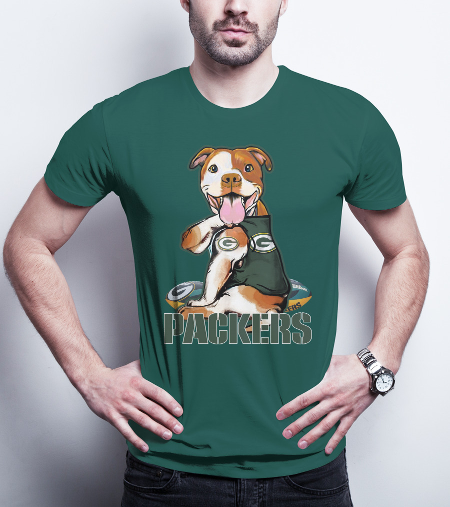 Pitbull Dog In Green Bay Packers Jersey With Football T-Shirt