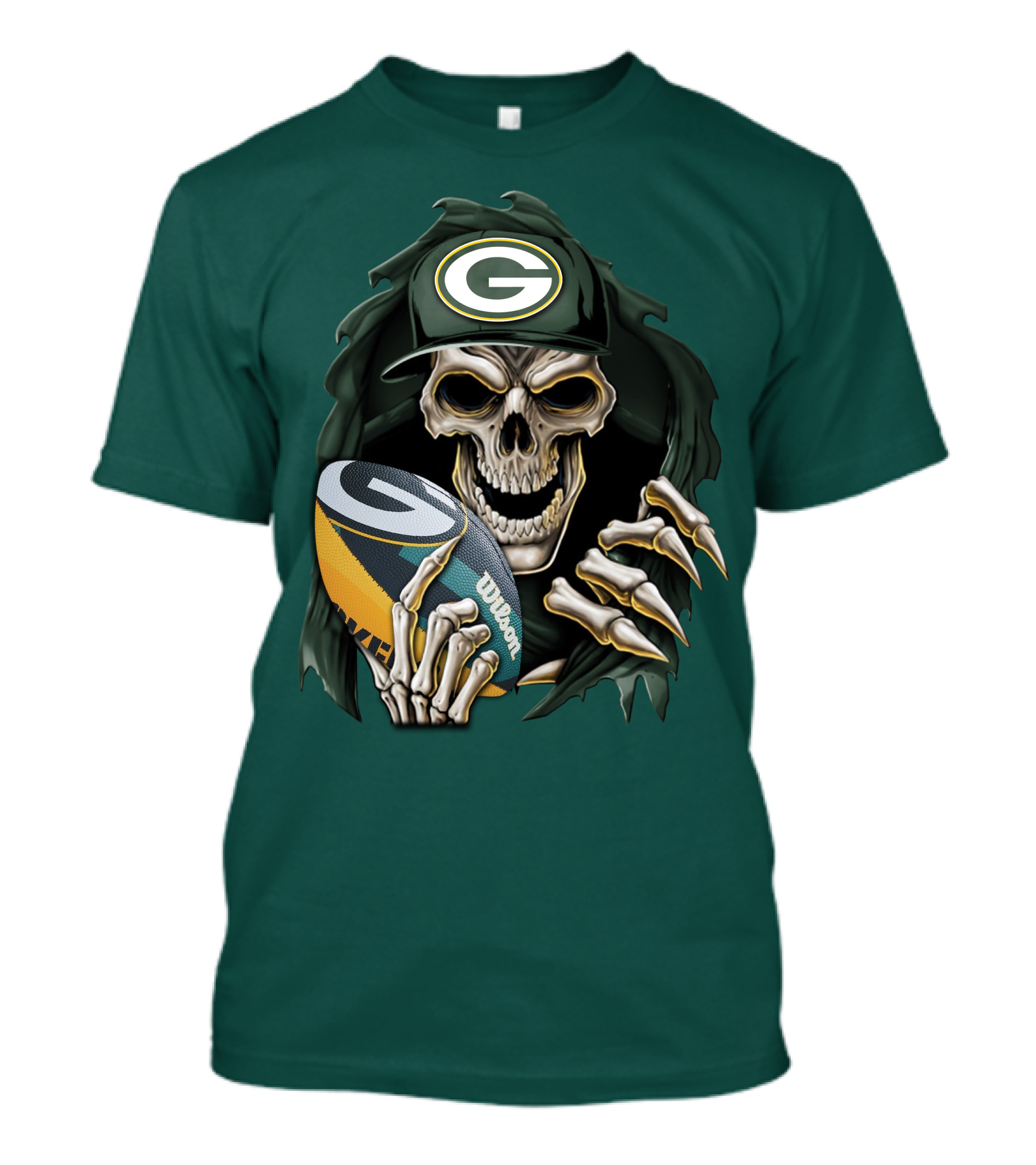 Skull With Green Bay Packers Cap Holding Football On Dark Green T-Shirt