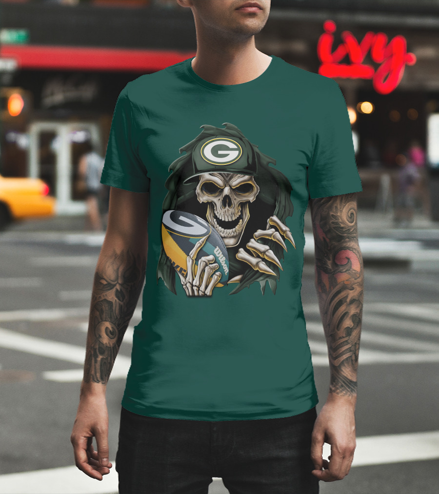 Skull With Green Bay Packers Cap Holding Football On Dark Green T-Shirt