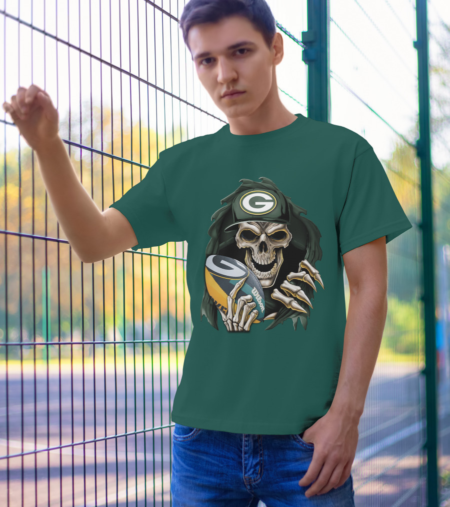 Skull With Green Bay Packers Cap Holding Football On Dark Green T-Shirt