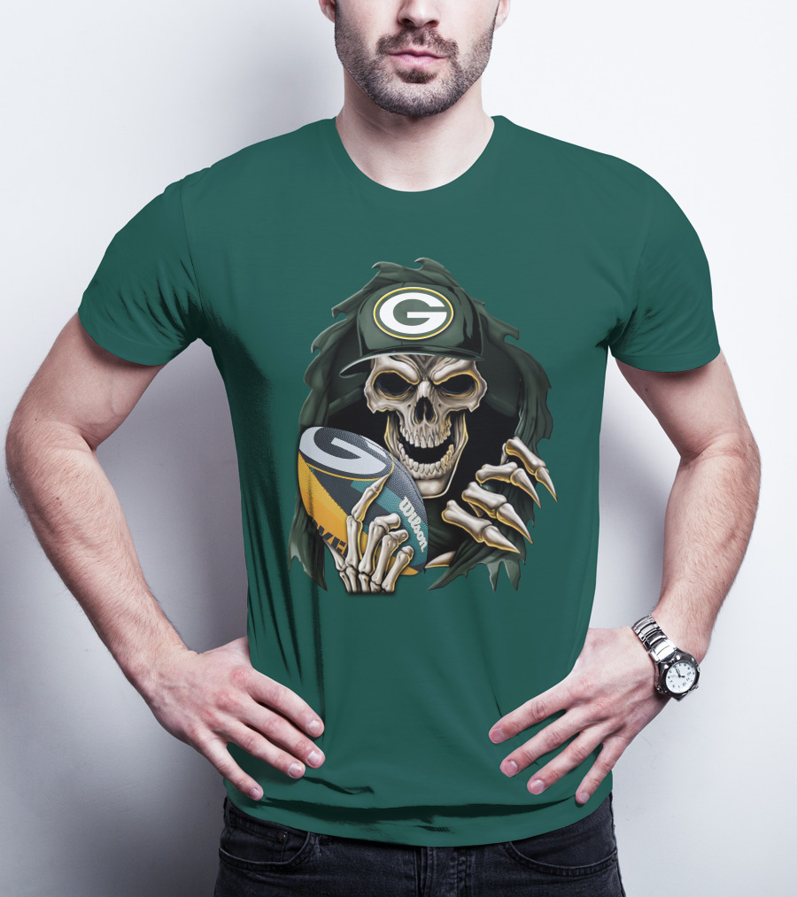 Skull With Green Bay Packers Cap Holding Football On Dark Green T-Shirt