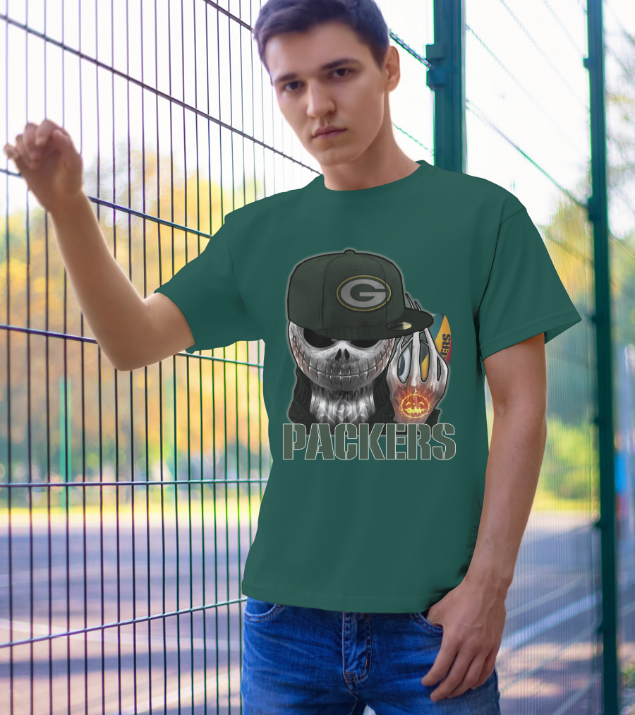 Jackskull Green Bay Packers Halloween Theme Packers Fan Skull T-Shirt