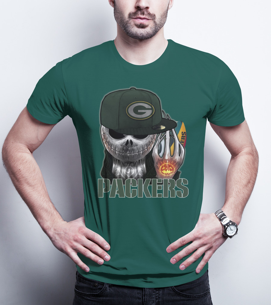 Jackskull Green Bay Packers Halloween Theme Packers Fan Skull T-Shirt